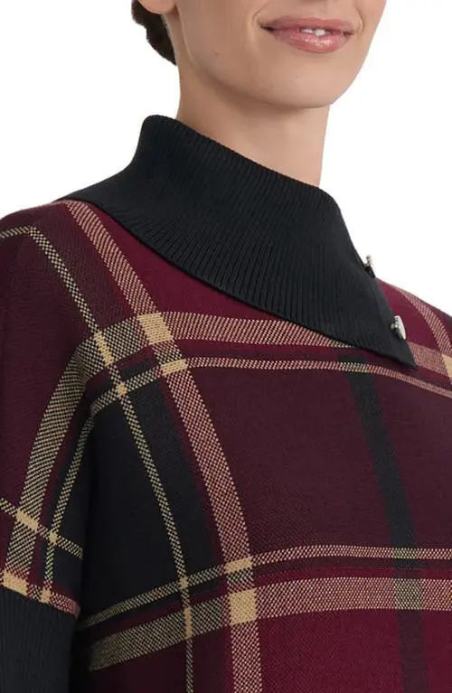 Jones New York Split-neck Plaid Poncho Sweater - Classic Wine Multi