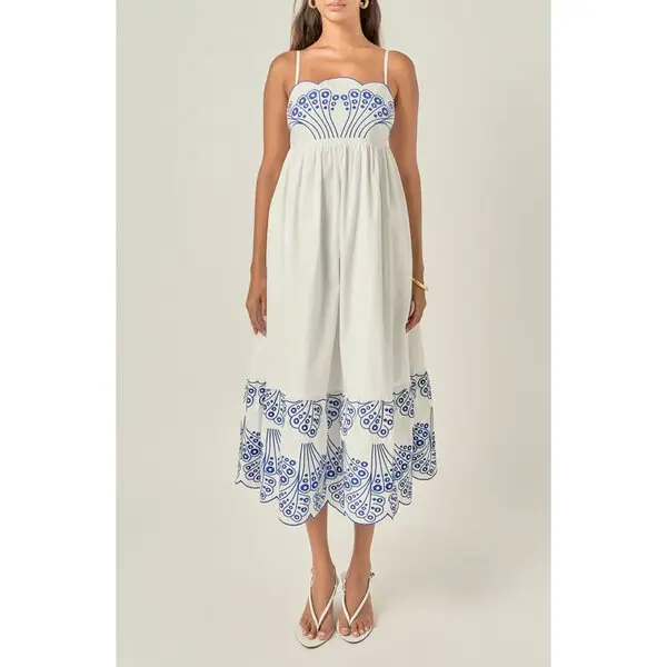 English Factory Embroidered Midi Dress - White/blue