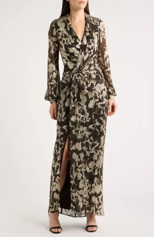 Betsy & Adam V-neck Crinkle Metallic Floral Maxi Dress - Brown/gold