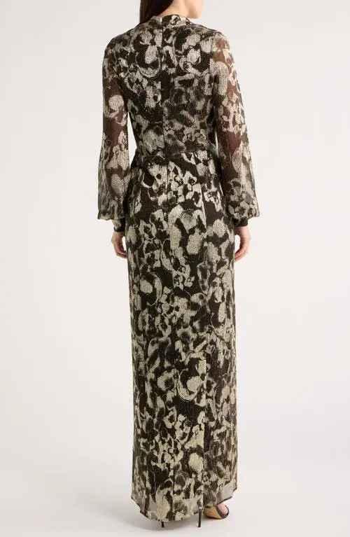 Betsy & Adam V-neck Crinkle Metallic Floral Maxi Dress