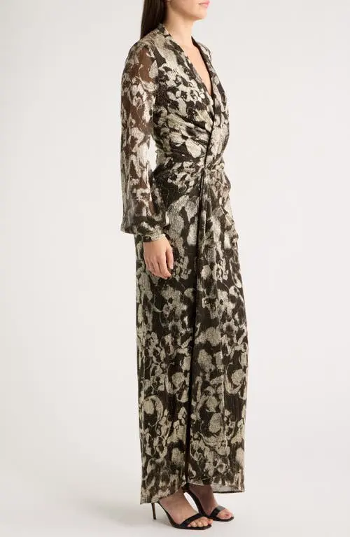 Betsy & Adam V-neck Crinkle Metallic Floral Maxi Dress