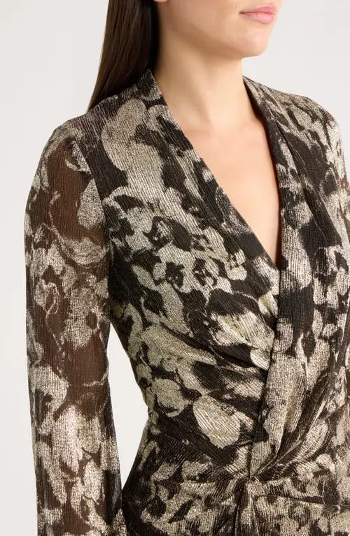 Betsy & Adam V-neck Crinkle Metallic Floral Maxi Dress