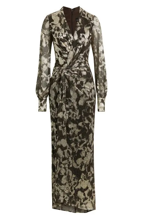 Betsy & Adam V-neck Crinkle Metallic Floral Maxi Dress