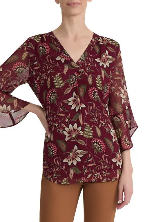 Jones New York Floral V-neck Flutter Sleeve Top - Wine Multi