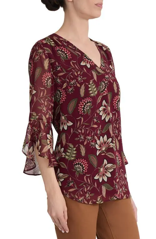 Jones New York Floral V-neck Flutter Sleeve Top