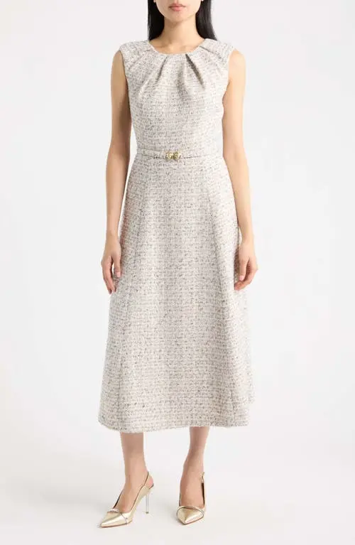 Anne Klein Fit & Flare Tweed Midi Dress - Light Macadamia Multi