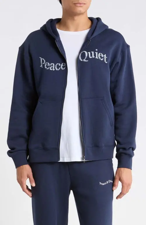 MUSEUM OF PEACE & QUIET Stencil Logo Graphic Zip Hoodie - Navy