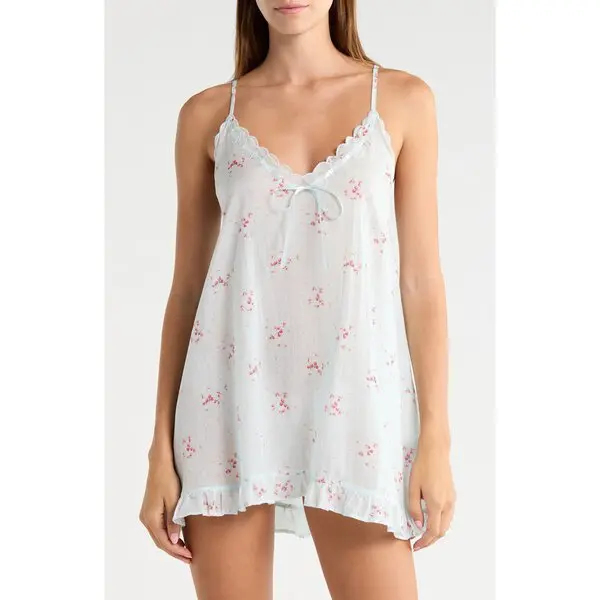 ETAM Floral Chemise With Scalloped Trim And Bow Detail - Marine