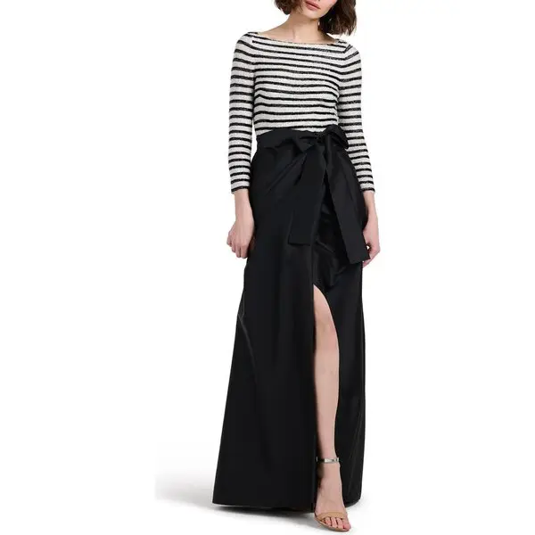EMILY SHALANT Beaded Stripe Mixed Media Taffeta Gown