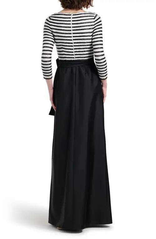 EMILY SHALANT Beaded Stripe Mixed Media Taffeta Gown