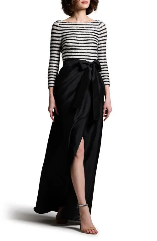 EMILY SHALANT Beaded Stripe Mixed Media Taffeta Gown