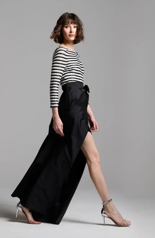 EMILY SHALANT Beaded Stripe Mixed Media Taffeta Gown