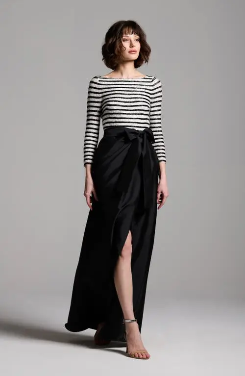EMILY SHALANT Beaded Stripe Mixed Media Taffeta Gown