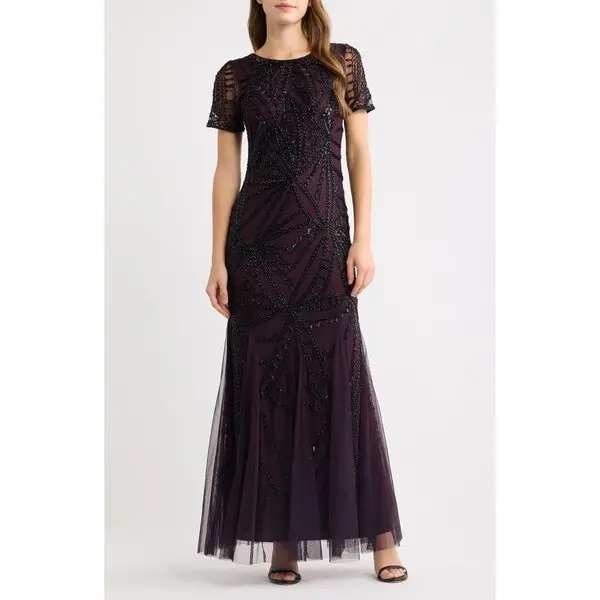 Pisarro Nights Beaded Short Sleeve Gown