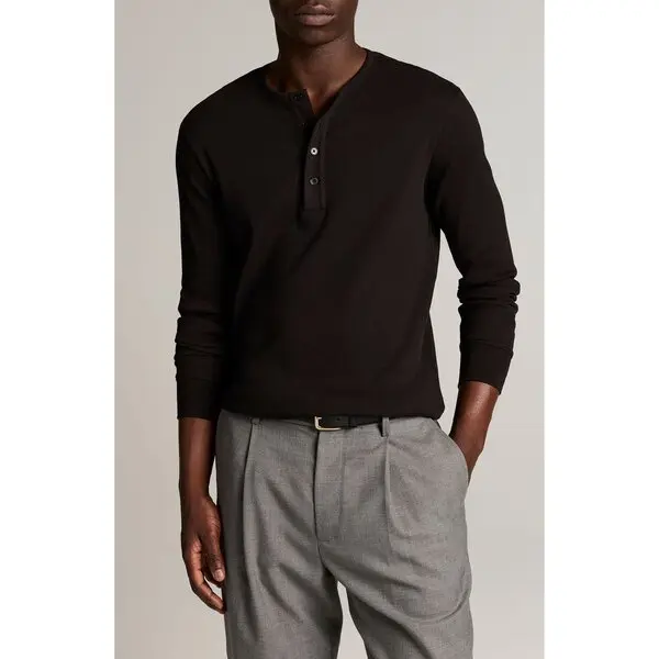 Vince Ribbed Long Sleeve Henley - True Black