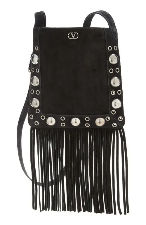Valentino Garavani Small Nellcôte Fringe Stud Suede Crossbody Bag - Black