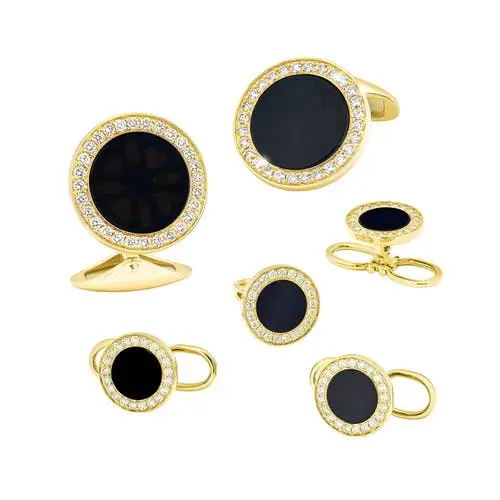 JAN LESLIE Onyx & Diamond 18k Gold Tuxedo Studs & Cufflinks Set - Black