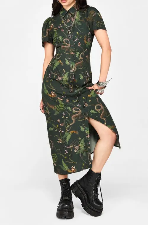 DISTURBIA Noctaris Print Fitted Midi Shirt Dress