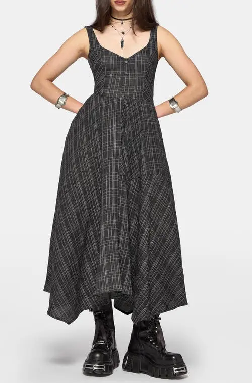 DISTURBIA Caledon Check Gauze Maxi Dress - Black