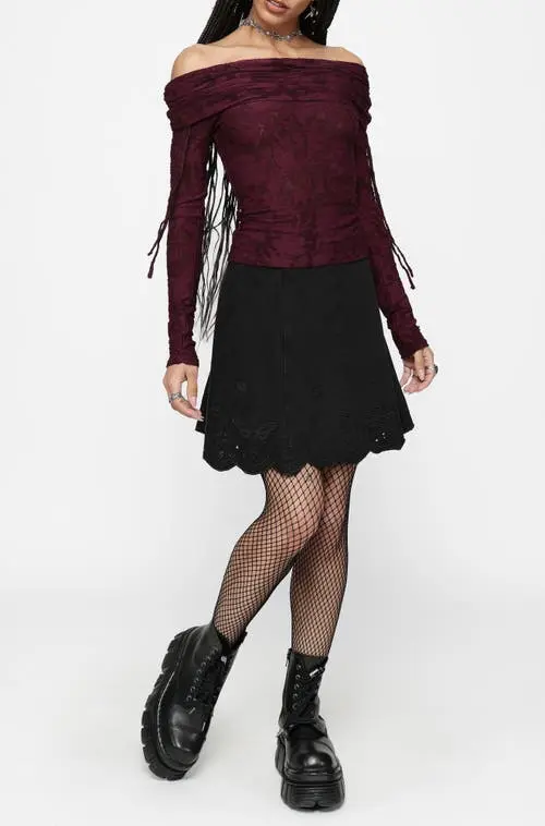 DISTURBIA Ayr Broderie Denim Skirt - Black