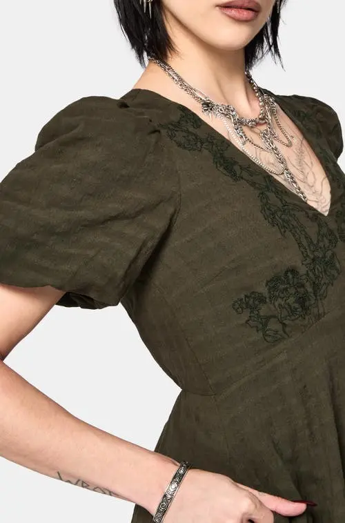 DISTURBIA Limo Dobby Midi Dress With Embroidery