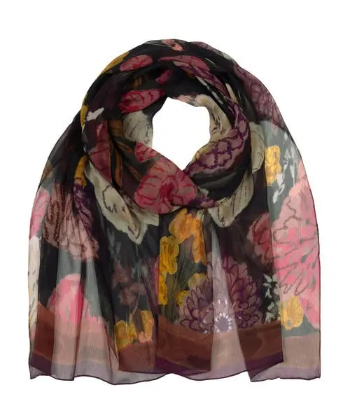 Echo Wildflower Crinkle Silk Wrap - Black