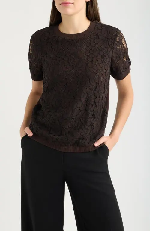 TAHARI ASL Lace Front Short Sleeve Sweater - Espresso