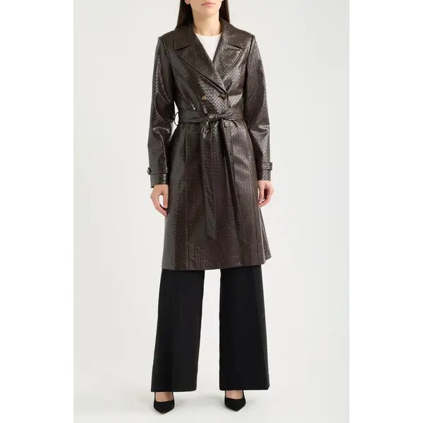 TAHARI ASL Embossed Faux Leather Trench Coat - Espresso