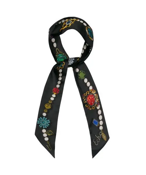 Echo Bejewled Silk Ribbon Scarf - Black