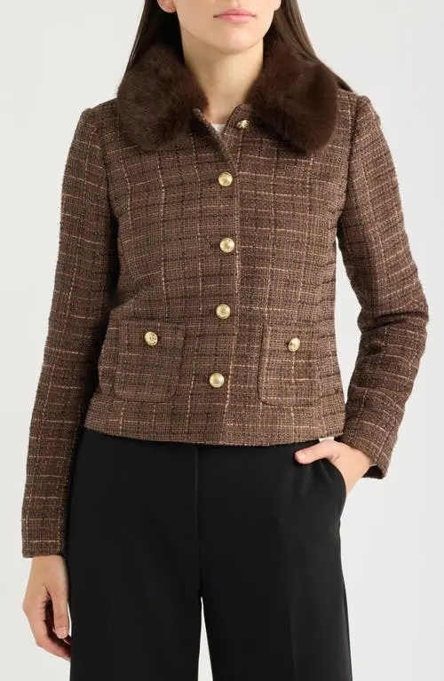TAHARI ASL Faux Fur Collar Boucle Cropped Jacket - Espresso