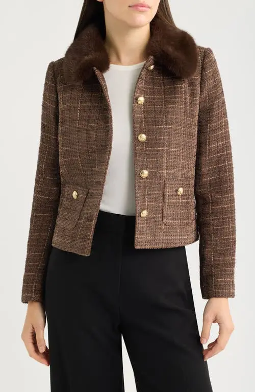 TAHARI ASL Faux Fur Collar Boucle Cropped Jacket