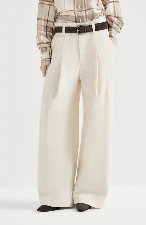 Brunello Cucinelli Dyed Cotton And Wool Wrinkled Denim Five-pocket Baggy Trousers With Monili - Panama