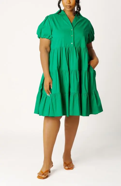 BUXOM COUTURE Puff Sleeve Tiered Dress - Green