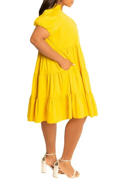 BUXOM COUTURE Puff Sleeve Tiered Dress - Mustard