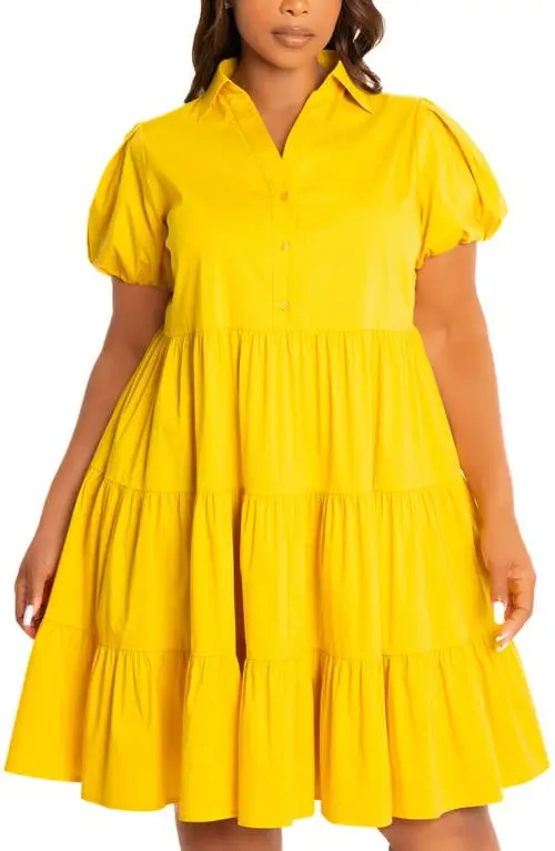 BUXOM COUTURE Puff Sleeve Tiered Dress - Mustard