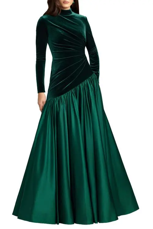Mac Duggal Velvet Long Sleeve Mock Neck Charmeuse Skirt Gown - Emerald