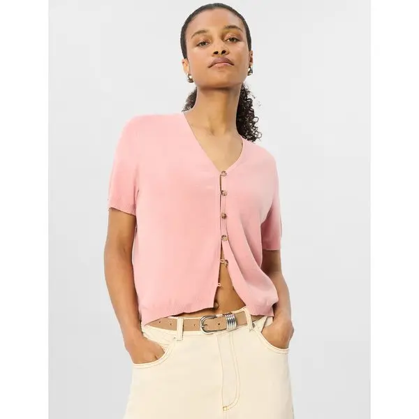 Whistles Short Sleeve Button Front Knit Cardigan - Pink