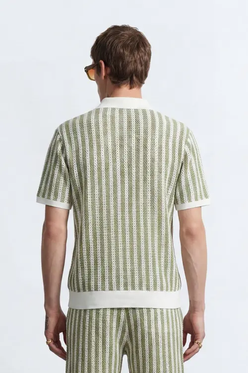 TWISTED TAILOR Albie Stripe Cotton Crochet Polo Shir