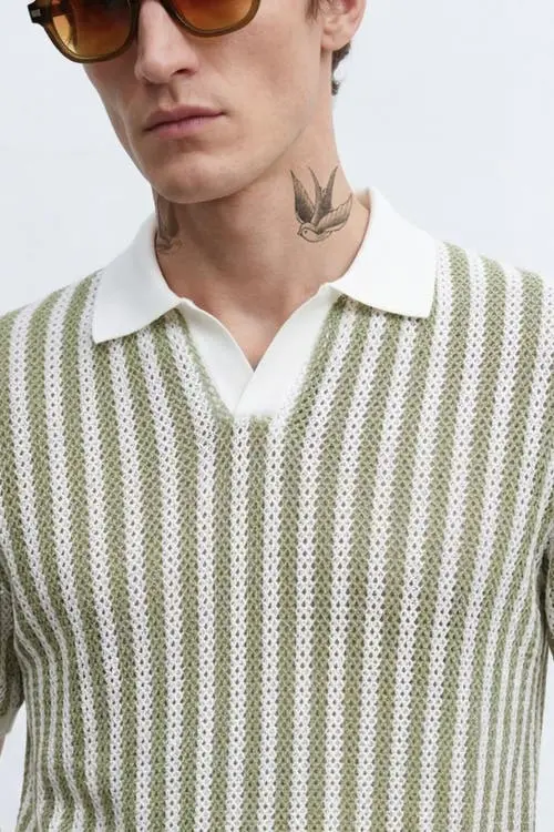 TWISTED TAILOR Albie Stripe Cotton Crochet Polo Shirt