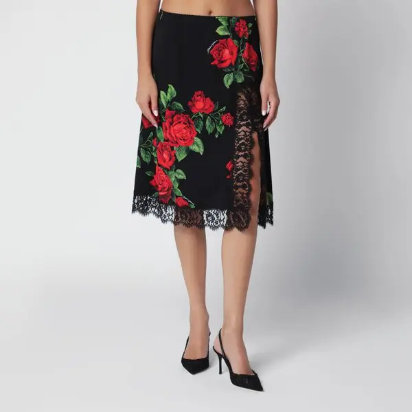Dolce & Gabbana Floral-pattern Skirt In Silk Blend And Lace - Black