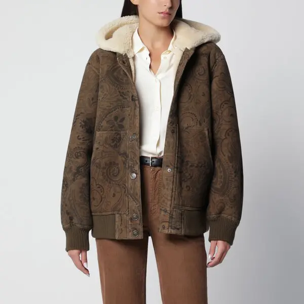 Etro Leather Jacket With Paisley Print And Shearling Hood - Green
