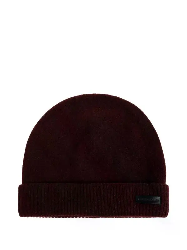 Emporio Armani Cashmere Beanie Hat With Logo Patch - Red