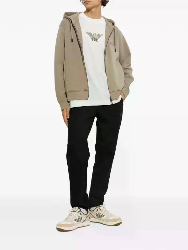 Emporio Armani Logo-embroidered Zip-up Hoodie - Neutrals