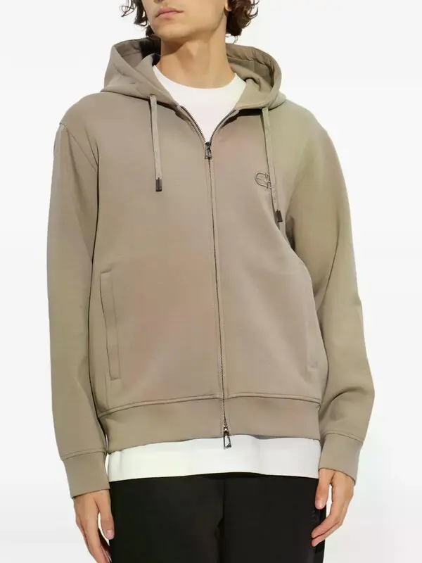 Emporio Armani Zip-up Hoodie With Embroidered Logo - Neutrals