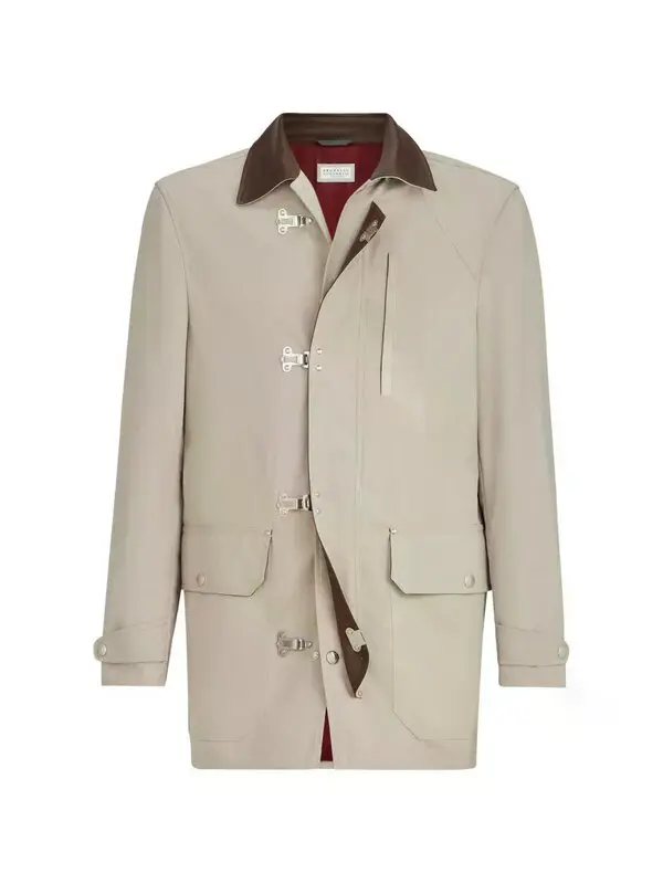 Brunello Cucinelli Water-resistant Microfiber Outerwear Jacket With Hook Fastening And Nappa Leather Inserts