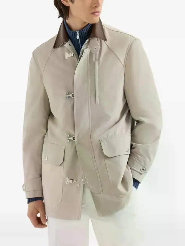 Brunello Cucinelli Water-resistant Microfiber Outerwear Jacket With Hook Fastening And Nappa Leather Inserts