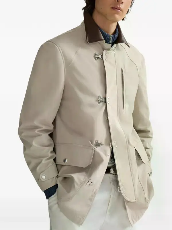 Brunello Cucinelli Water-resistant Microfiber Outerwear Jacket With Hook Fastening And Nappa Leather Inserts