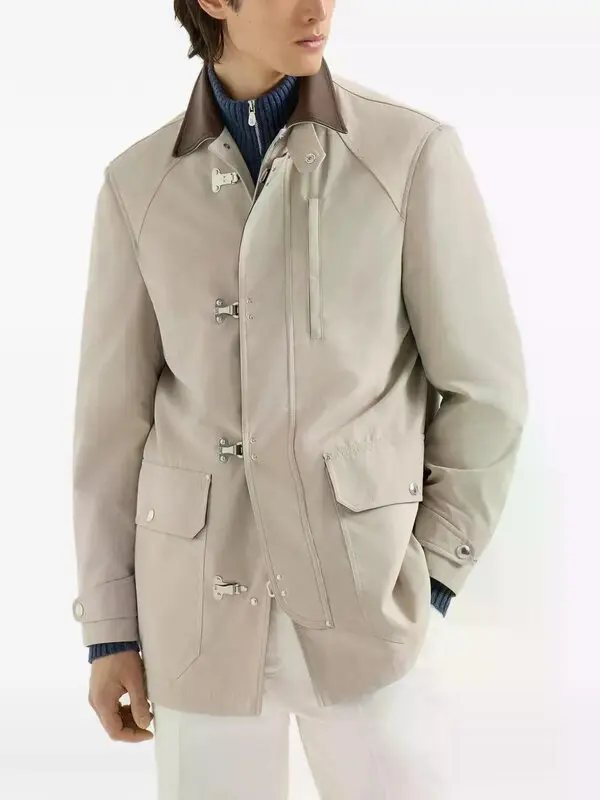 Brunello Cucinelli Water-resistant Microfiber Outerwear Jacket With Hook Fastening And Nappa Leather Inserts - Neutrals