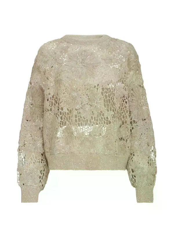 Brunello Cucinelli Whispering Bloom Embroidery Sweater In Sparkling Mohair And Wool - Neutrals
