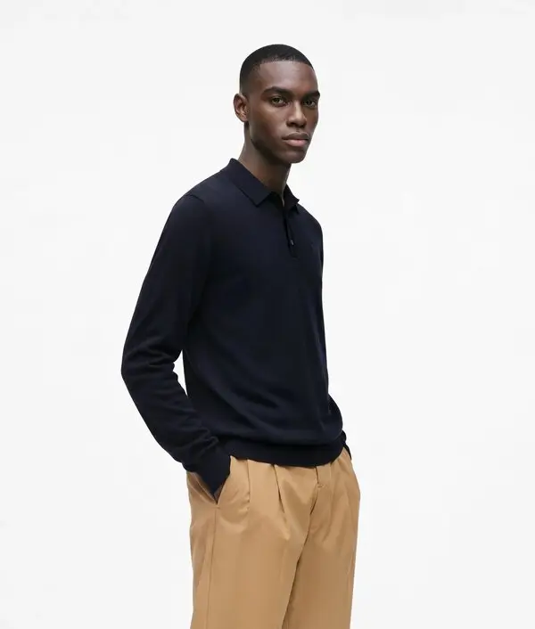 Karl Lagerfeld Wool Long-sleeved Polo Shirt - Navy